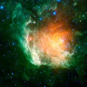 WISE의 새로운 적외선 이미지는 새로운 별들로 피어난 우주의 장미 봉오리를 보여줍니다. Berkeley 59 클러스터라고 불리는 별은 이미지 중앙의 오른쪽에 있는 파란색 점입니다. 그들은 단지 몇 백만 년 전이며 항성 시간 규모에서 젊습니다.