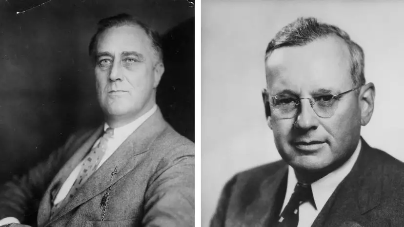 Благодарение на пристрасноста за земање примероци, Literary Digest погрешно предвиде дека Алф Ландон (десно) ќе го победи Френклин Д. Рузвелт (лево) на претседателските избори во 1936 година. Keystone View Company/FPG/Archive Photos/Getty Images