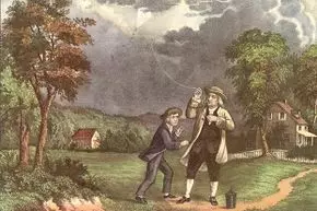 Deze Currier & Ives-lithografie toont Benjamin Franklin en zijn zoon William die tijdens een storm een vlieger en een sleutel gebruiken om te bewijzen dat bliksem elektriciteit was. Sommige experts betwijfelen of het incident ooit heeft plaatsgevonden.