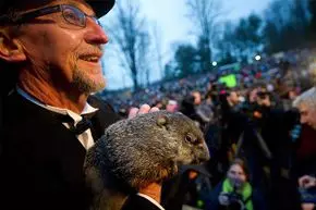 O manejador da marmota, Ron Ploucha, sostén a Punxsutawney Phil despois de que viu a súa sombra predicir seis semanas máis de inverno durante a 126ª festa anual do Día da Marmota o 2 de febreiro de 2012 en Punxsutawney, Pensilvania. Phil tiña razón ese ano, para variar.