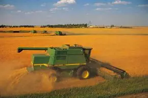 Этот комбайн убирает пшеницу на огромной ферме в США.
