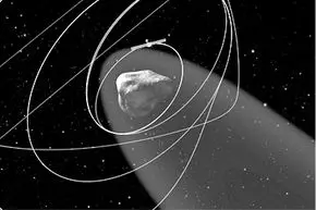 Argraff arlunydd o Rosetta yn cyrraedd comed 67P/Churyumov-Gerasimenko ym mis Awst 2014