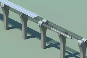 Koj tab tom saib Hyperloop capsule hauv raj cutaway nrog txuas hnub ci arrays.