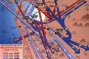 Miang tur ngadeukeutan koridor pikeun lalulintas hawa eastward ka sareng ti bandara di wilayah udara TRACON San Fransisco Bay Area. (Klik dina gambar pikeun nempo leuwih badag.)