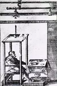 XVII-wieczna ilustracja przedstawiająca Santorio w jego słynnym urządzeniu do ważenia