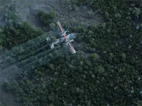 Самолет ВВС США распыляет Agent Orange в районе дельты в 20 милях от Сайгона во время войны во Вьетнаме.