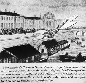 Une illustration représentant la tentative de vol du marquis de Bacqueville à travers la Seine, l'instant avant qu'il plonge sur le pont d'une péniche et se casse la jambe.