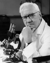 លោក Alexander Fleming នៅក្នុងបន្ទប់ពិសោធន៍របស់គាត់នៅឆ្នាំ 1954 ។