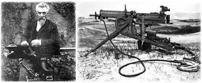 Хирам Максим һәм аның беренче пулемет конструкцияләренең берсе: Максим коралын Британия армиясенә 1885 елда тәкъдим иткәндә, ул сугыш кырын мәңгегә үзгәртте.