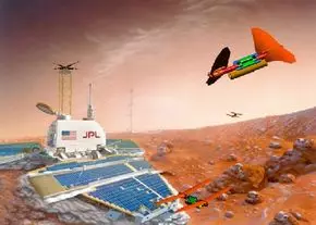 Conceptul unui artist despre o echipă de entomopteri care explorează Marte