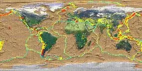 Цэнхэр зураас нь хавтангийн хил хязгаарыг, улаан гурвалжин нь идэвхтэй галт уулыг, шар цэгүүд нь сүүлийн үеийн газар хөдлөлтийг харуулж байна.