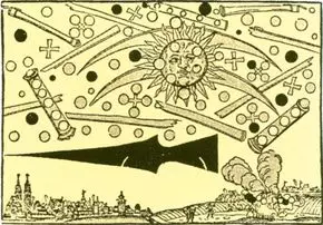 Il foglio di Norimberga racconta di una battaglia aerea del 14 aprile 1561 che coinvolse una varietà di strani oggetti - globi, croci e tubi - che si trasformarono in vapore dopo aver colpito il suolo (in basso a destra). La gente vedeva l'evento come un avvertimento divino.