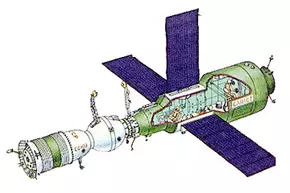 Schema van het ruimtestation Salyut-4 gekoppeld aan een Sojoez-ruimtevaartuig