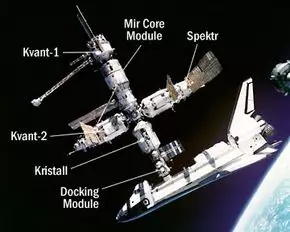 Het Mir-ruimtestation met een aangemeerde spaceshuttle